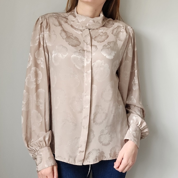 Vintage | Tops | Vintage 8s Tan Formal Office Blouse Floral Damask 2 ...